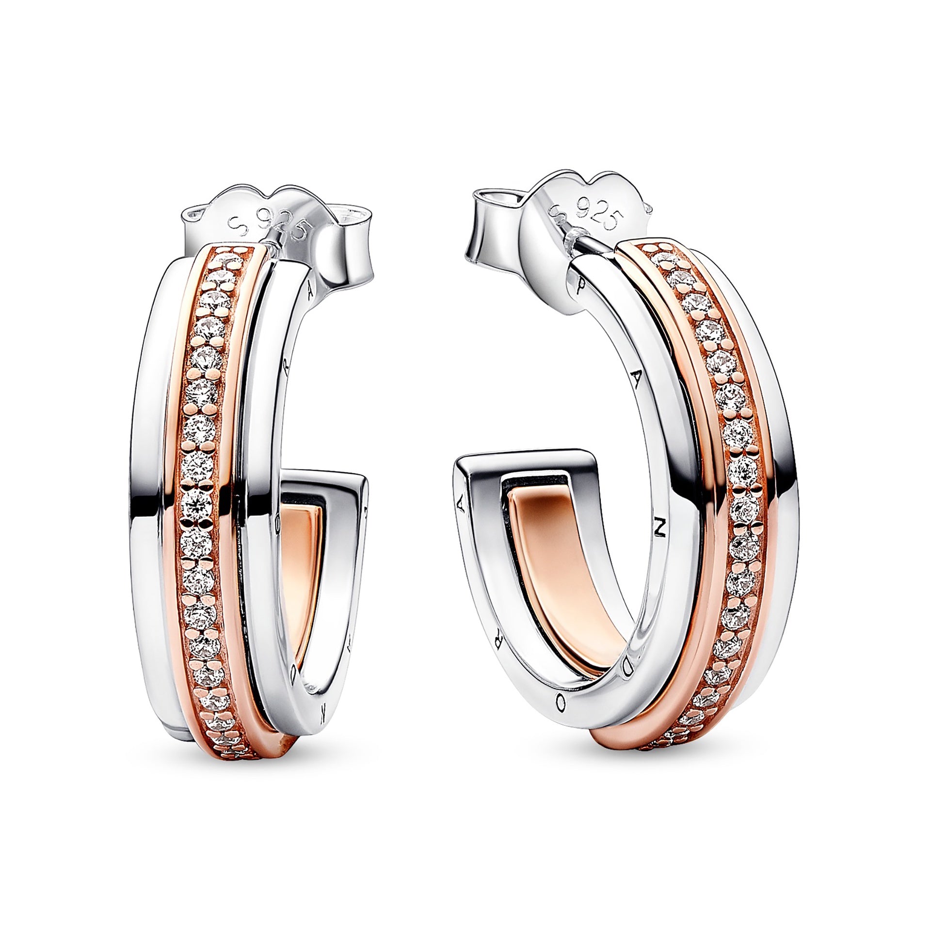 Pandora Signature Two tone Logo & Pavé Hoop Earrings – Elisa Ilana